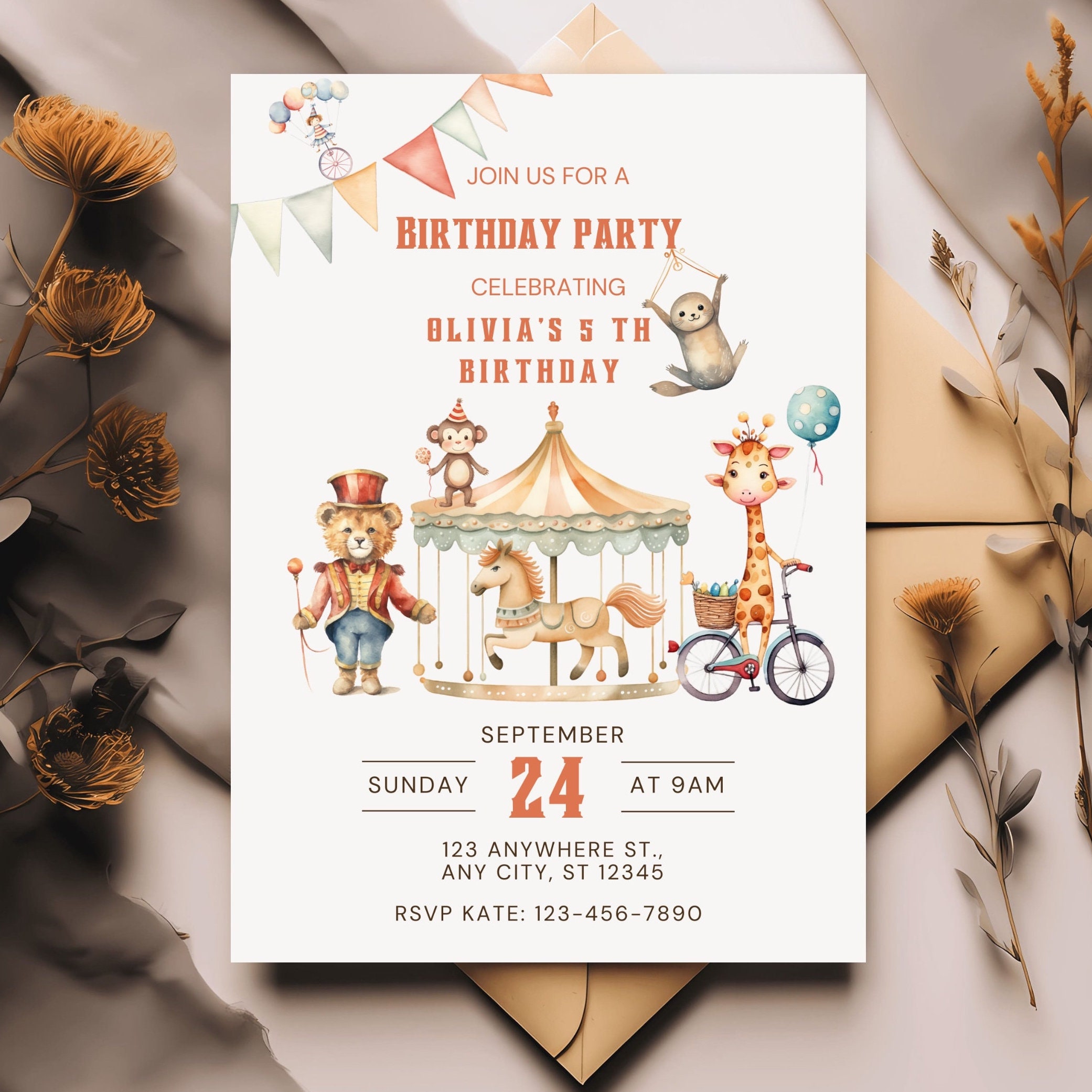 Circus Birthday Invitation| Carousel Invitation| Editable Invitation ...