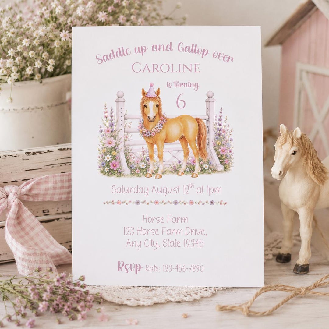 Girls Birthday Party Invitation Digital Horse | Floral Equestrian Theme ...