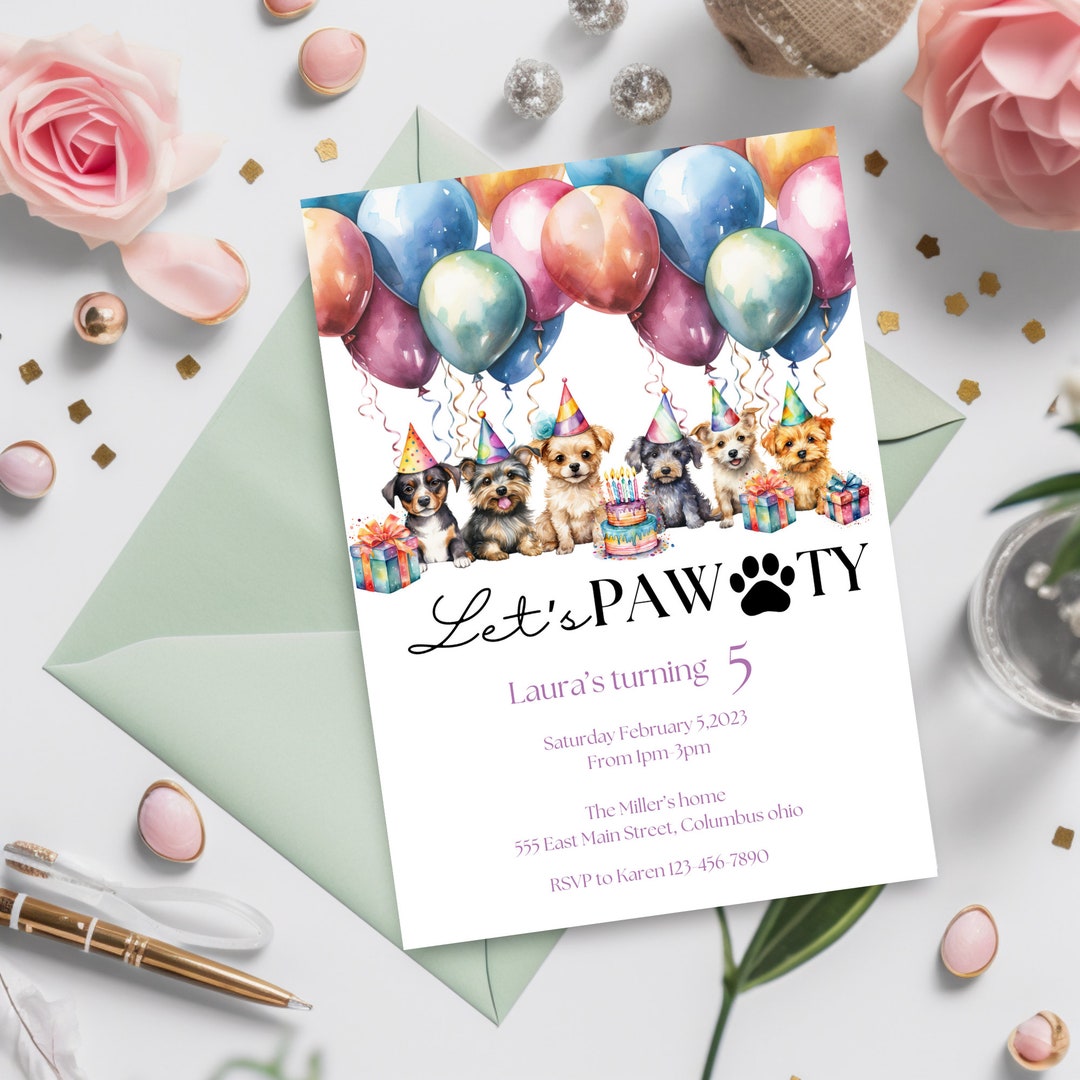 Watercolor Dog Party Invitation Lets Pawty Invite Editable Invitation ...