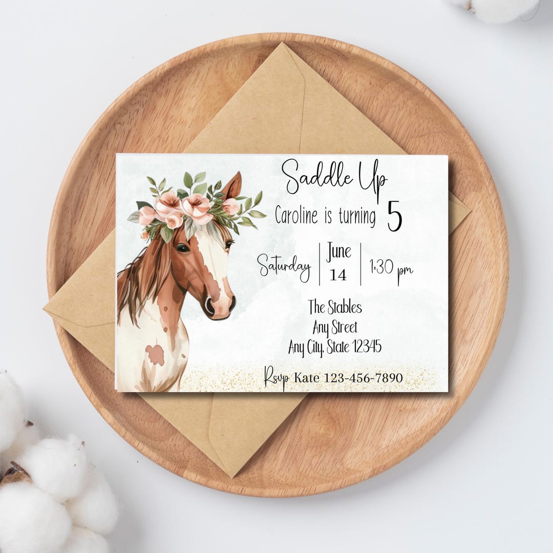 Floral Horse Birthday Invitation: Boho Saddle up Party (digital ...