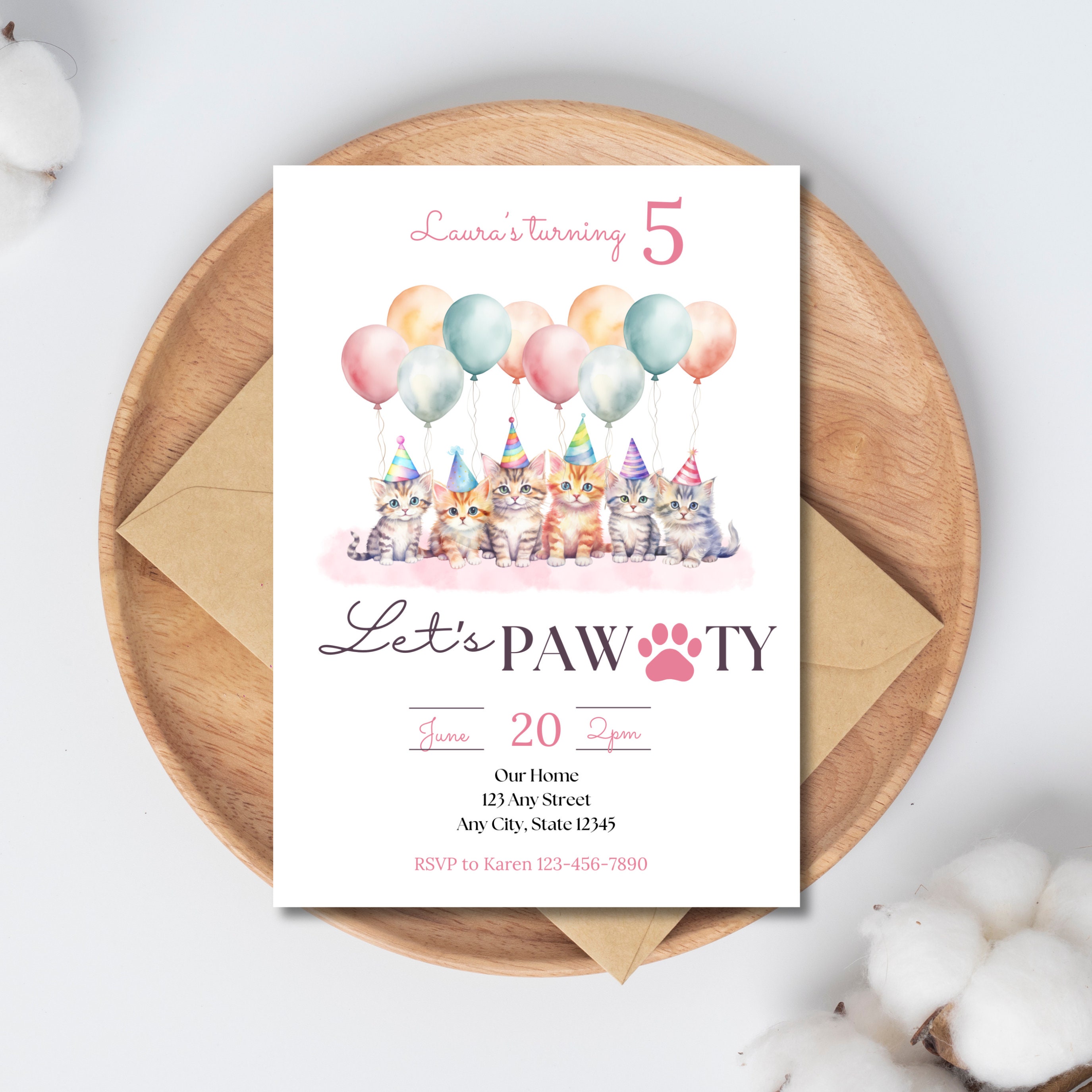 Cat Birthday Pawty Kitten Birthday Invitation Editable Invite Instant ...