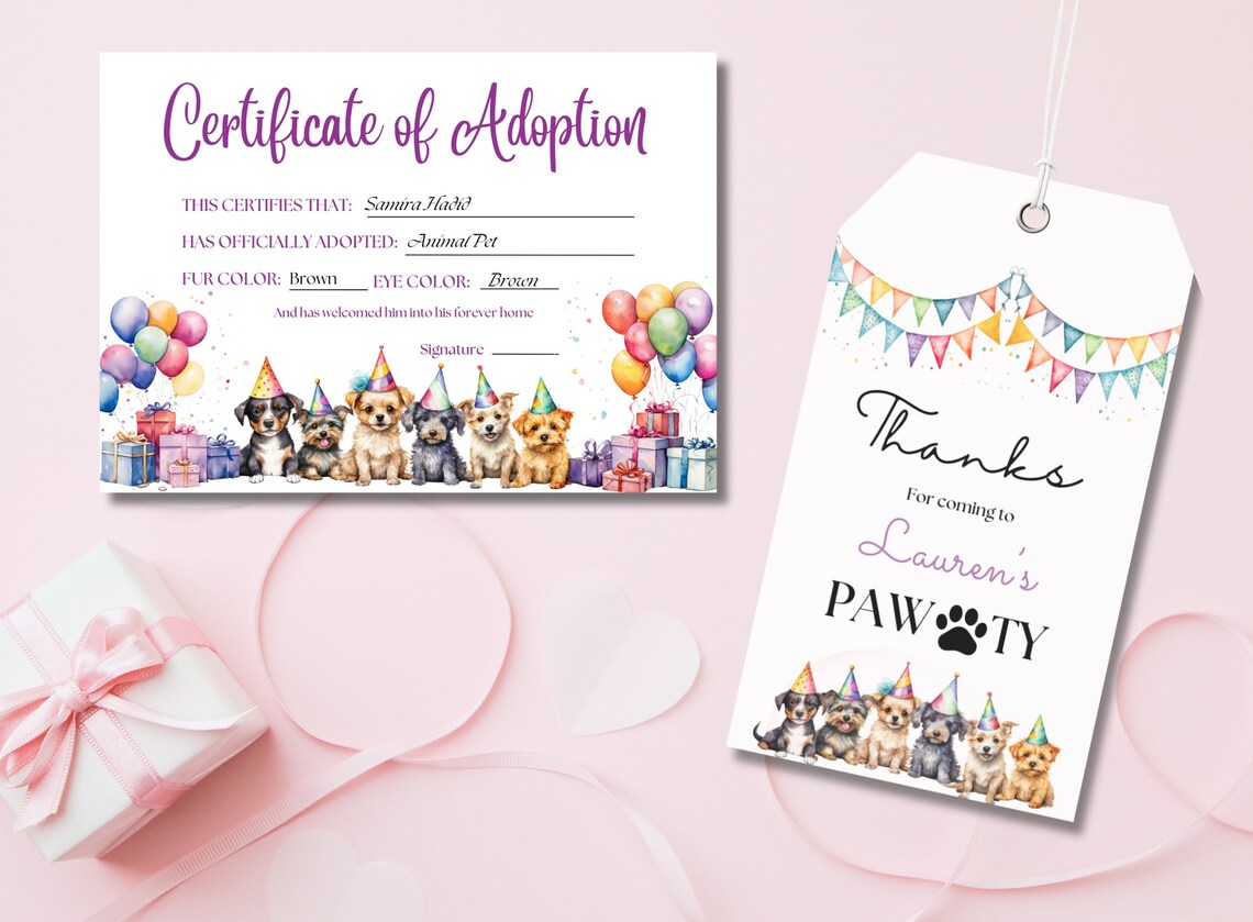 Dog Pawty Decor/doggie Adoption Certificate/dog Gift Tag - Etsy