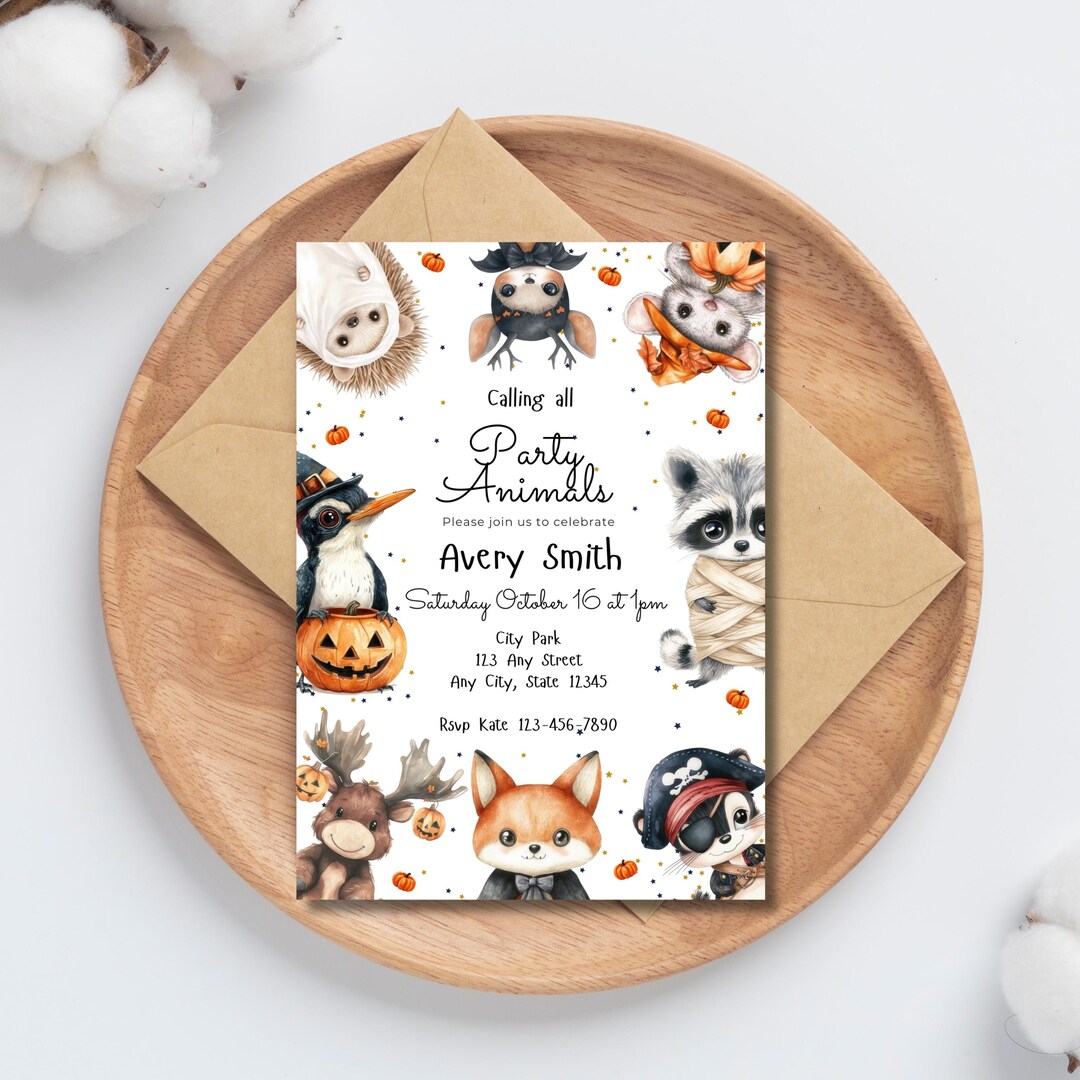 Woodland Animal Halloween Birthday| Party Animal Invitation| Cute ...