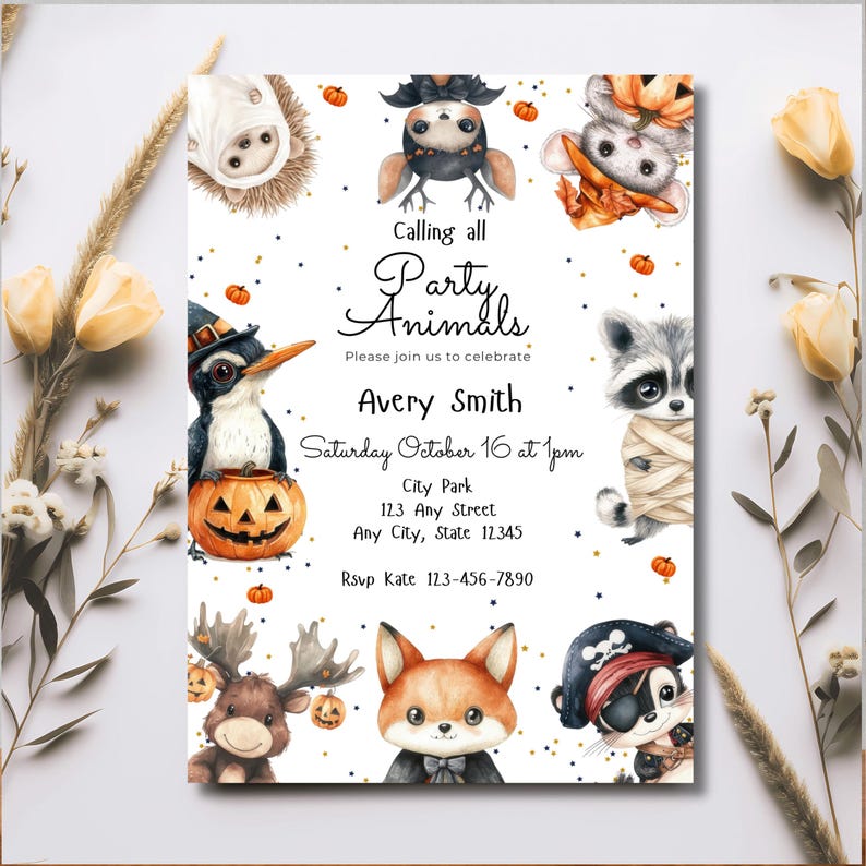 Woodland Animal Halloween Birthday| Party Animal Invitation| Cute ...