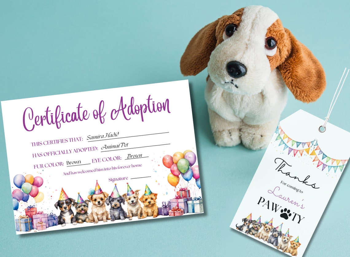 Dog Pawty Decor/doggie Adoption Certificate/dog Gift Tag - Etsy