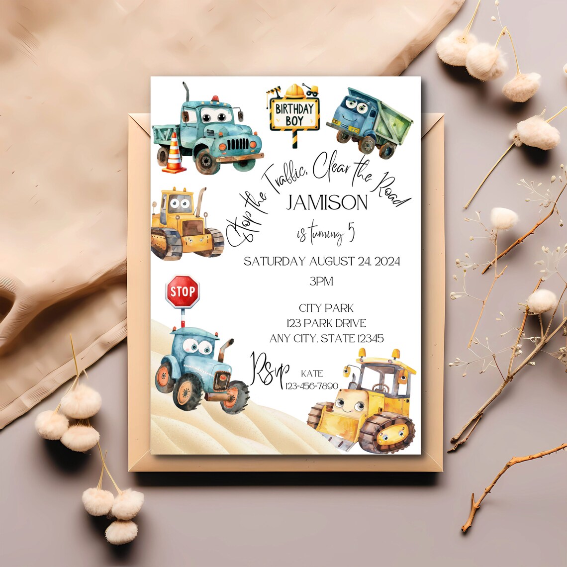 Construction Birthday Invitation| Stop the Traffic Invitation| Instant ...