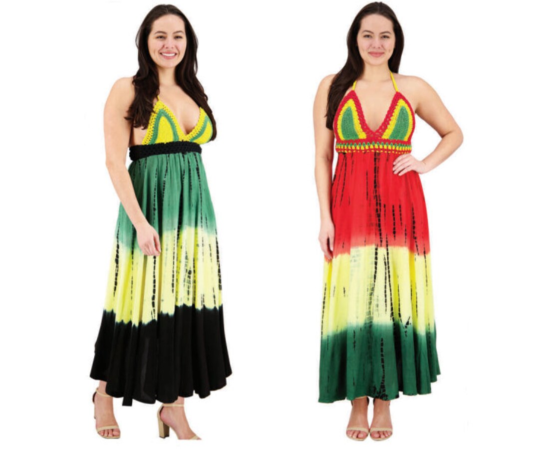 Women's Jamaican Maxi Summer Beach Sun Dress Crochet Top Rasta Colors ...