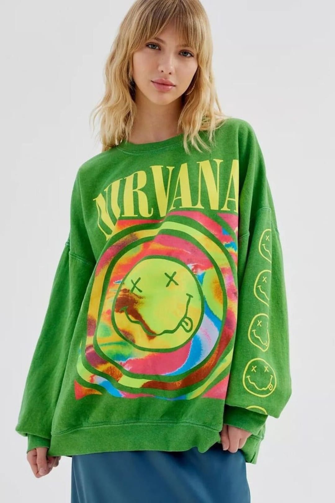 Nirvana Smile Face Overdyed Crew Neck Sweatshirt and T-shirt, Preppy ...