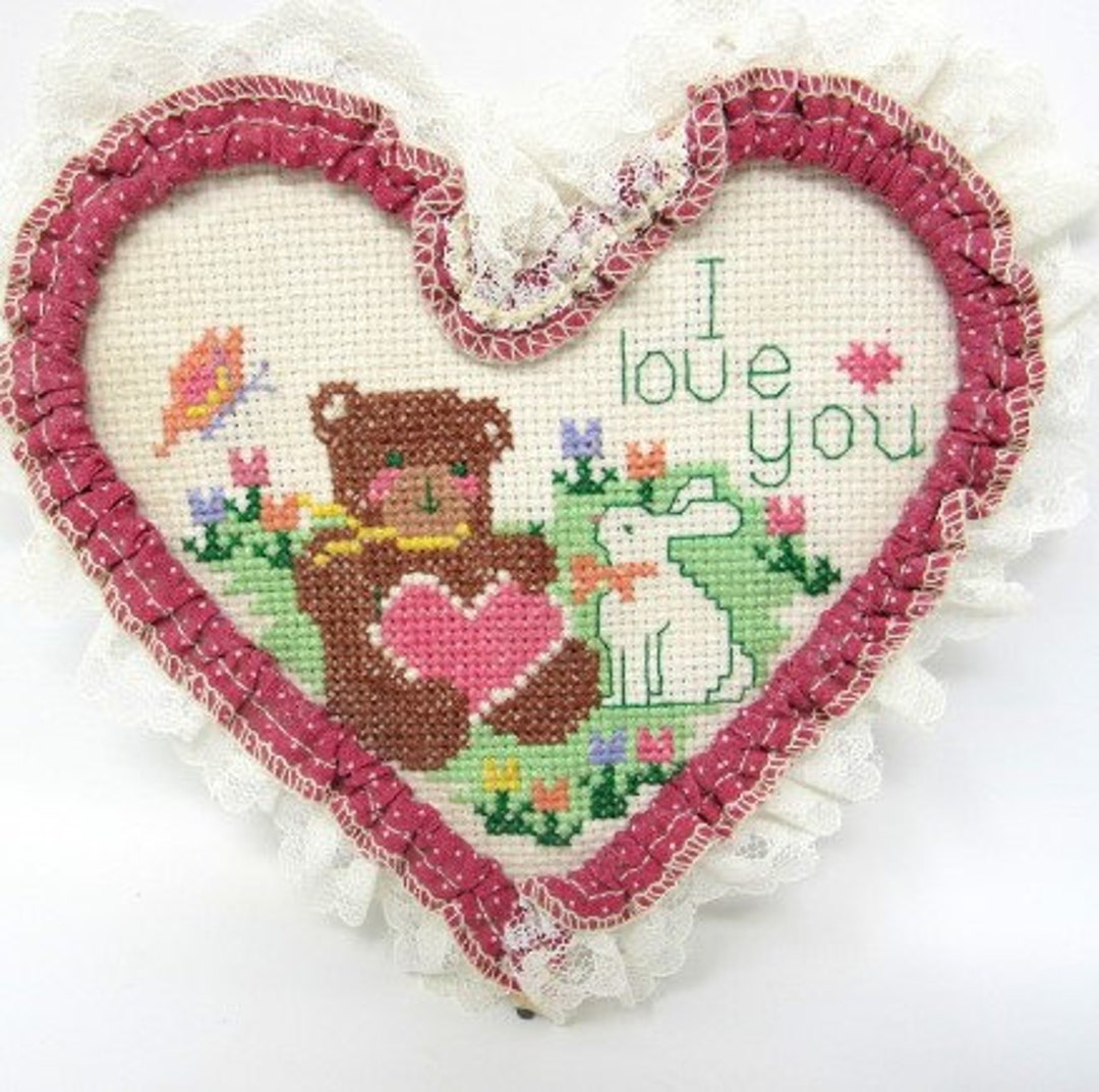 I Love You Cross Stitch Heart Teddy Bear Mounted Lace Completed 6 ...