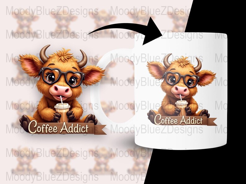Highland Cow Coffee Addict Digital Art, Adorable Animal Drinking Coffee ...