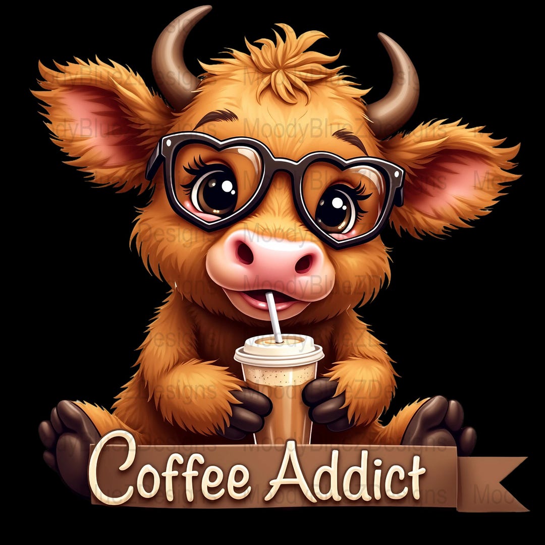 Highland Cow Coffee Addict Digital Art, Adorable Animal Drinking Coffee ...