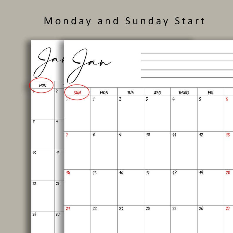 2024 Calendar 2024 Monthly Planner Vertical Sunday & Monday Start 2024 ...