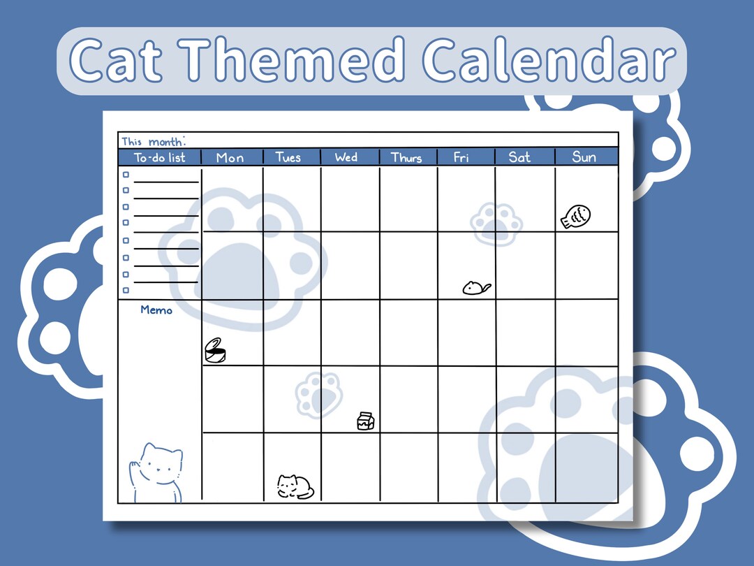 Cute Cat Themed Calendar, Digital Calendar, Printable, Digital Download ...