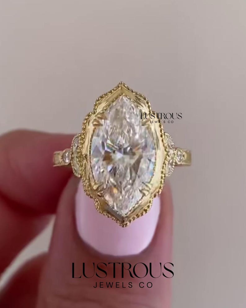 Vintage Marquise Cut Moissanite Ring, 14K Gold Antique Engagement Ring ...