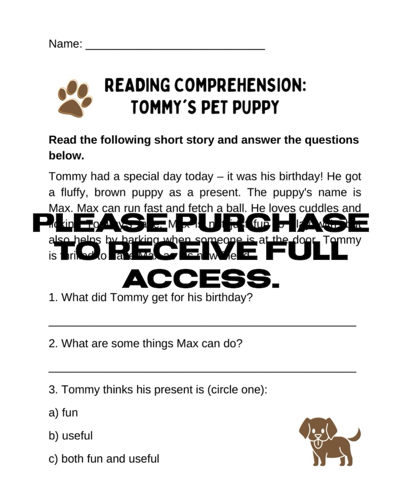 First Grade Reading Comprehension Worksheet and Questions: Tommy’s Pet ...