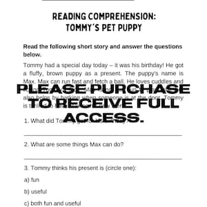 First Grade Reading Comprehension Worksheet and Questions: Tommy’s Pet ...