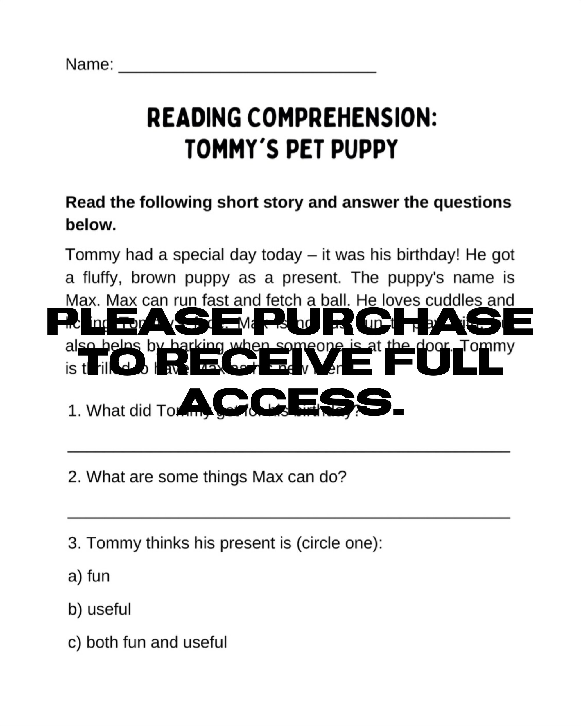 First Grade Reading Comprehension Worksheet and Questions: Tommy’s Pet ...