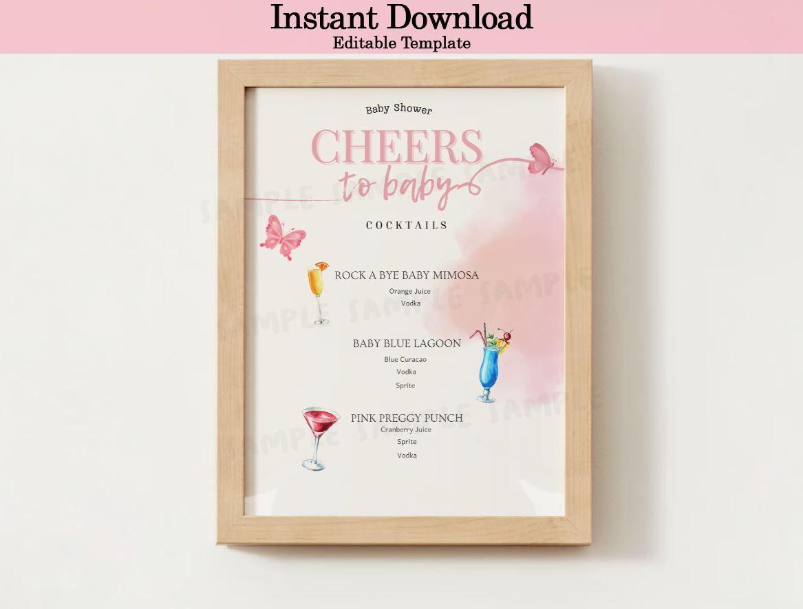 Baby Girl Drink Menu for Baby Shower, Butterfly Drinks, Cute Bar Menu ...