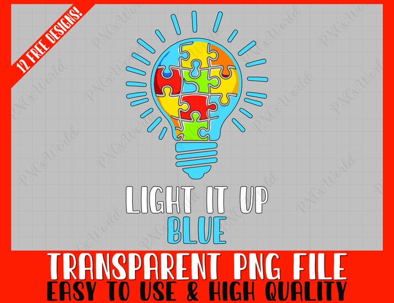 Autism Awareness PNG, Autism T-rex PNG, Light Bulb Light It up Blue ...
