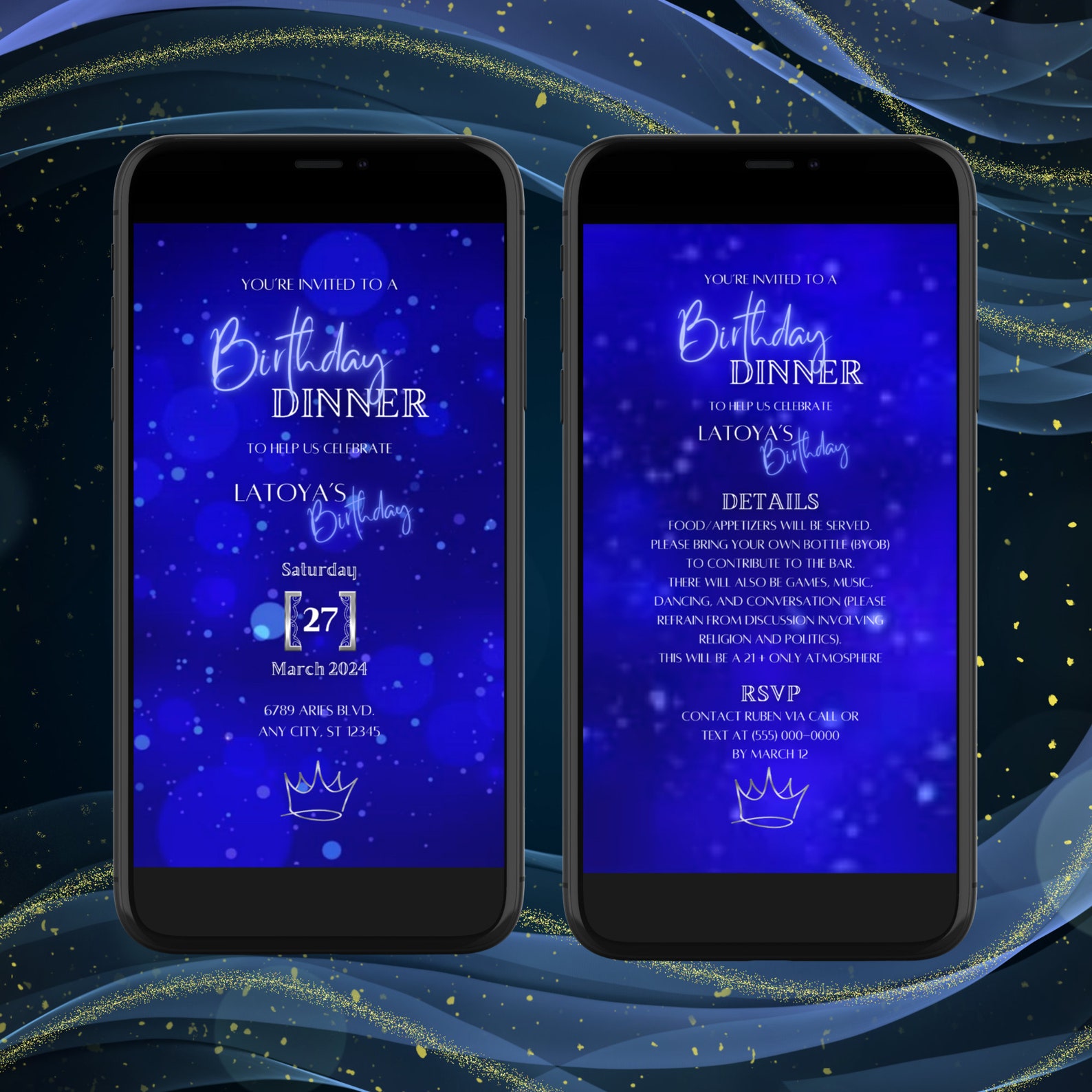 Animated Blue Birthday Dinner Party Invitation Template | Mobile/social ...