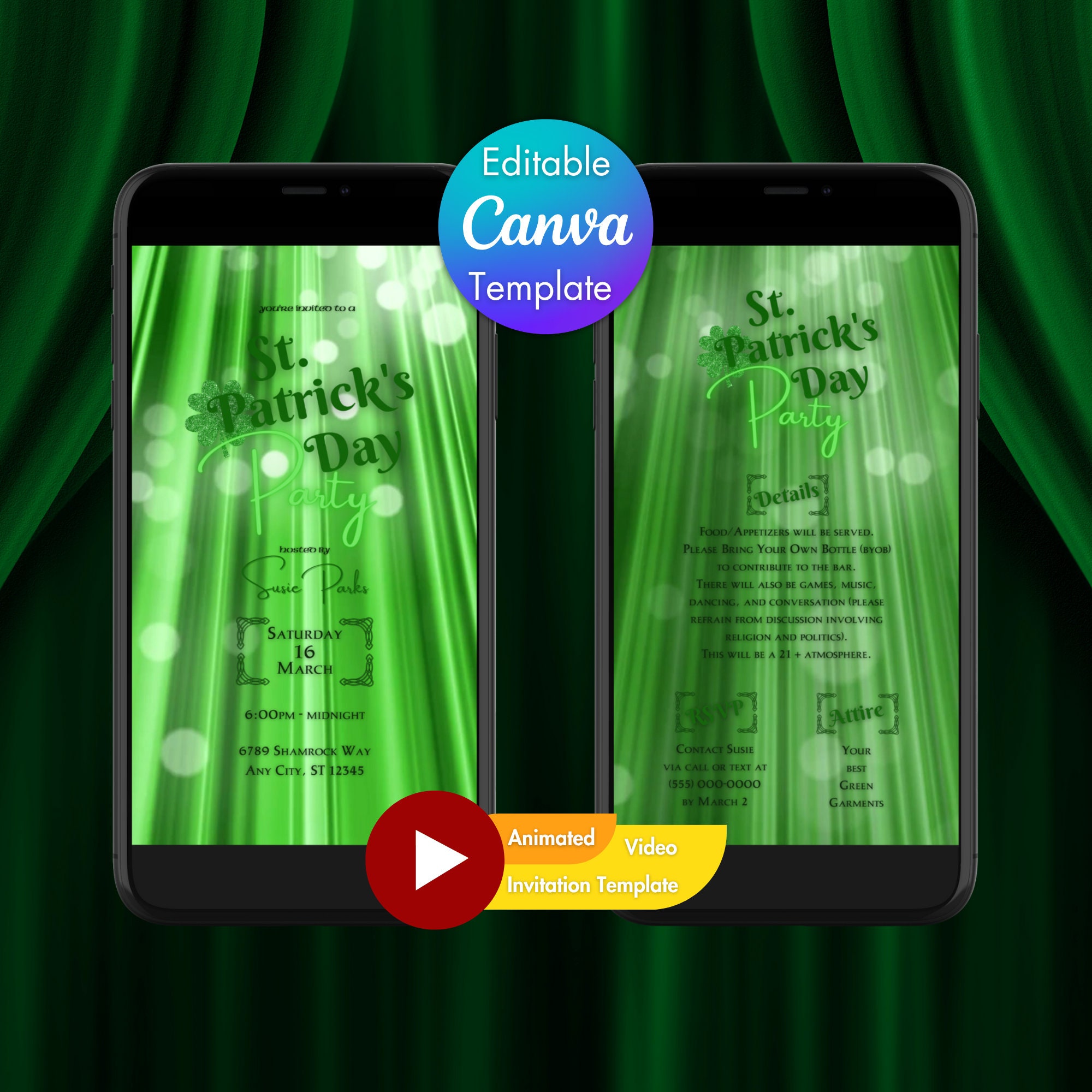 Digital Animated Invitation St. Patrick's Day Neon Green Festive Fun ...