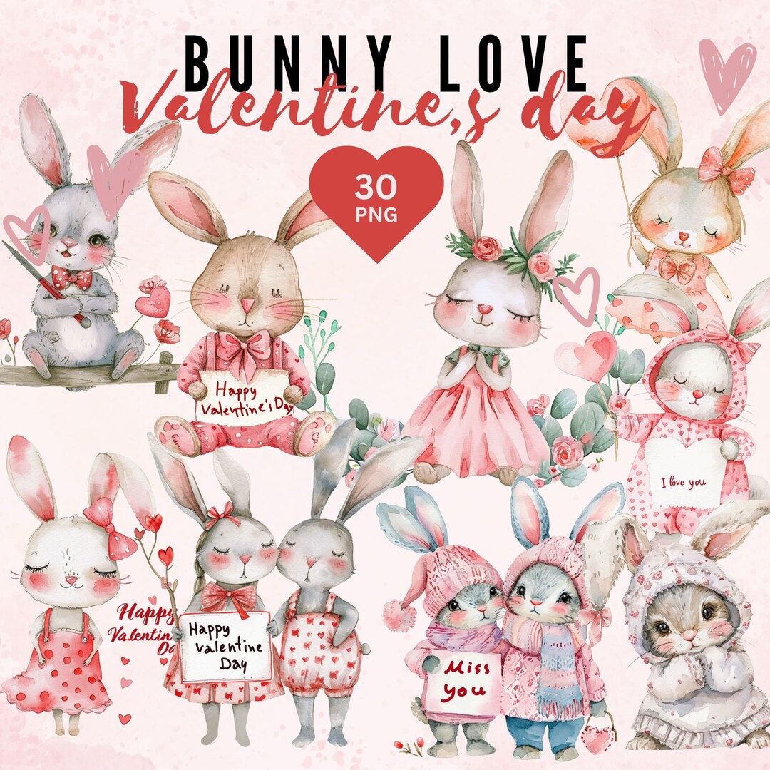 Clipart Set Bunny Love Valentines, 30 PNG, Transparent BG, Large Size ...