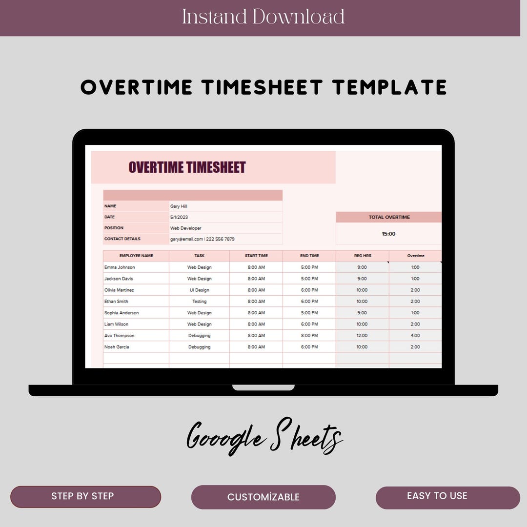 Overtime Timesheet Template for Google Sheets, Editable Time Tracker ...