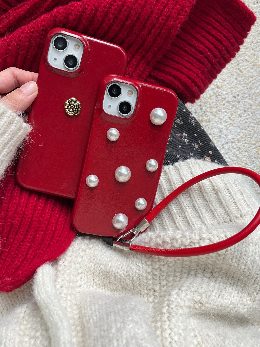 Handmade Leather Pearls iPhone Case for 15 14 13 12 11 Pro Max ...