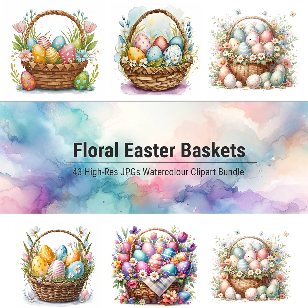 43 Watercolor Floral Easter Baskets Clipart Pack High-resolution - Etsy
