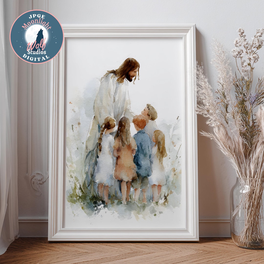 Gentle Jesus and Children Minimalist Watercolor Christian Illustration ...