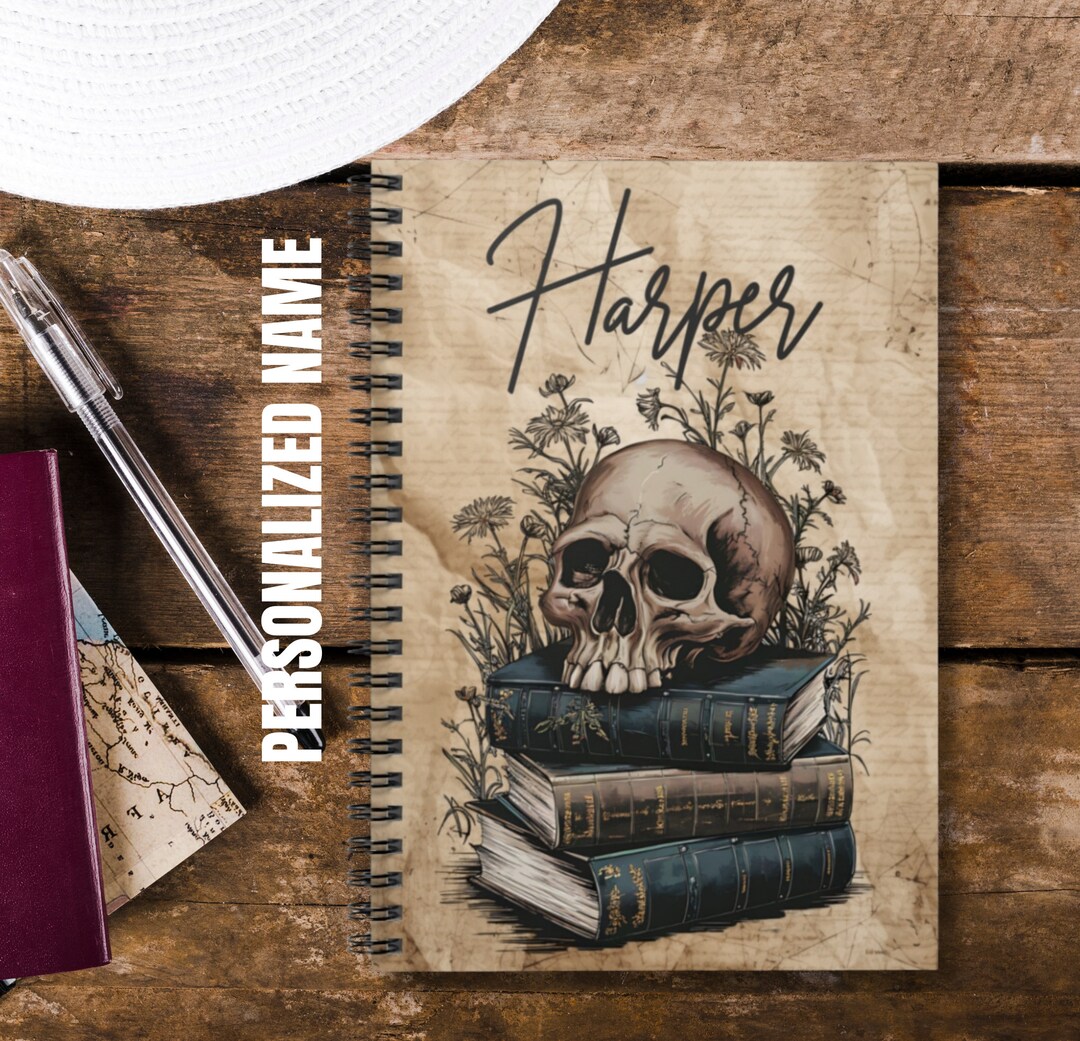 Custom Notebook Goth Aesthetic, Personalized Skull Journal Wildflower ...