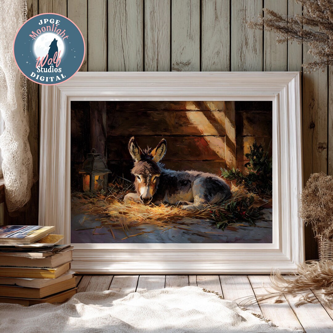 Baby Donkey Christmas Barn Art Print: Rustic Holiday Wall Decor ...