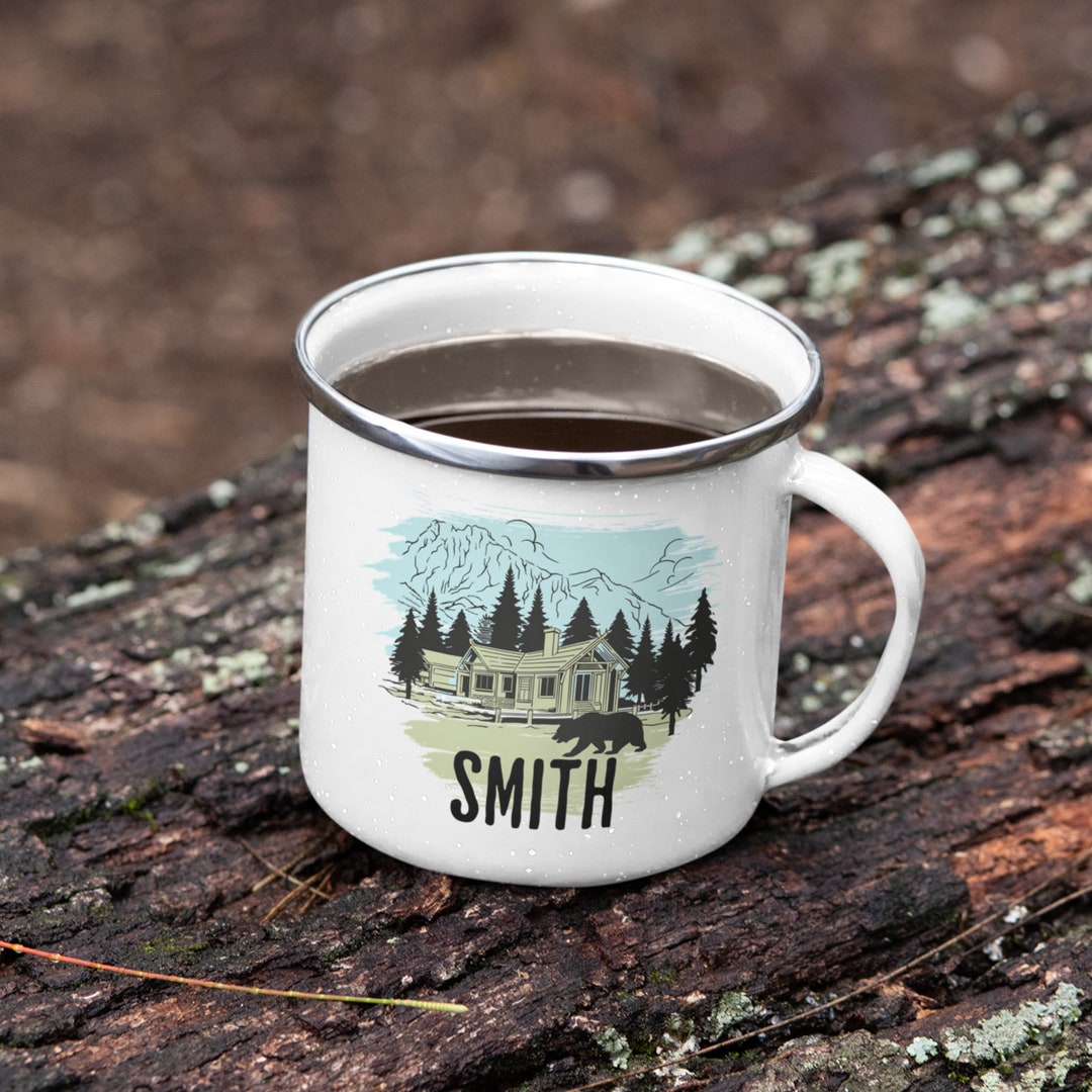 Personalized Gift Mug, Unique Steel Camping Cup, Rustic Mountain Lodge ...