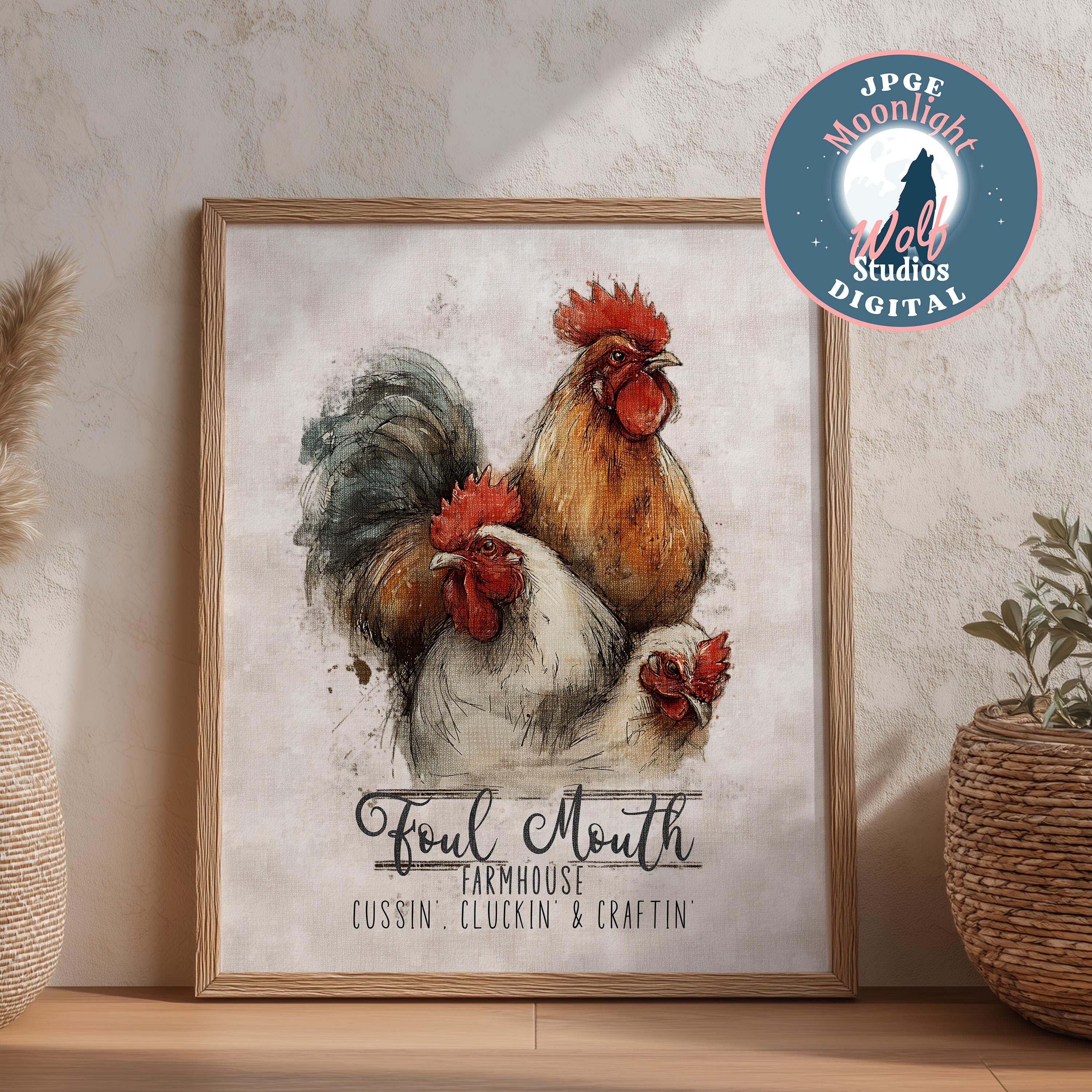 Foul Mouth Farmhouse Watercolor Rooster and Hen Digital Art With Funny ...
