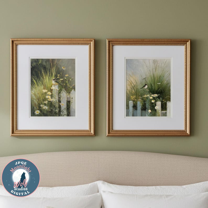 Cottagecore Bird Wall Art Prints Wildflowers Neutral Meadow Nursery ...