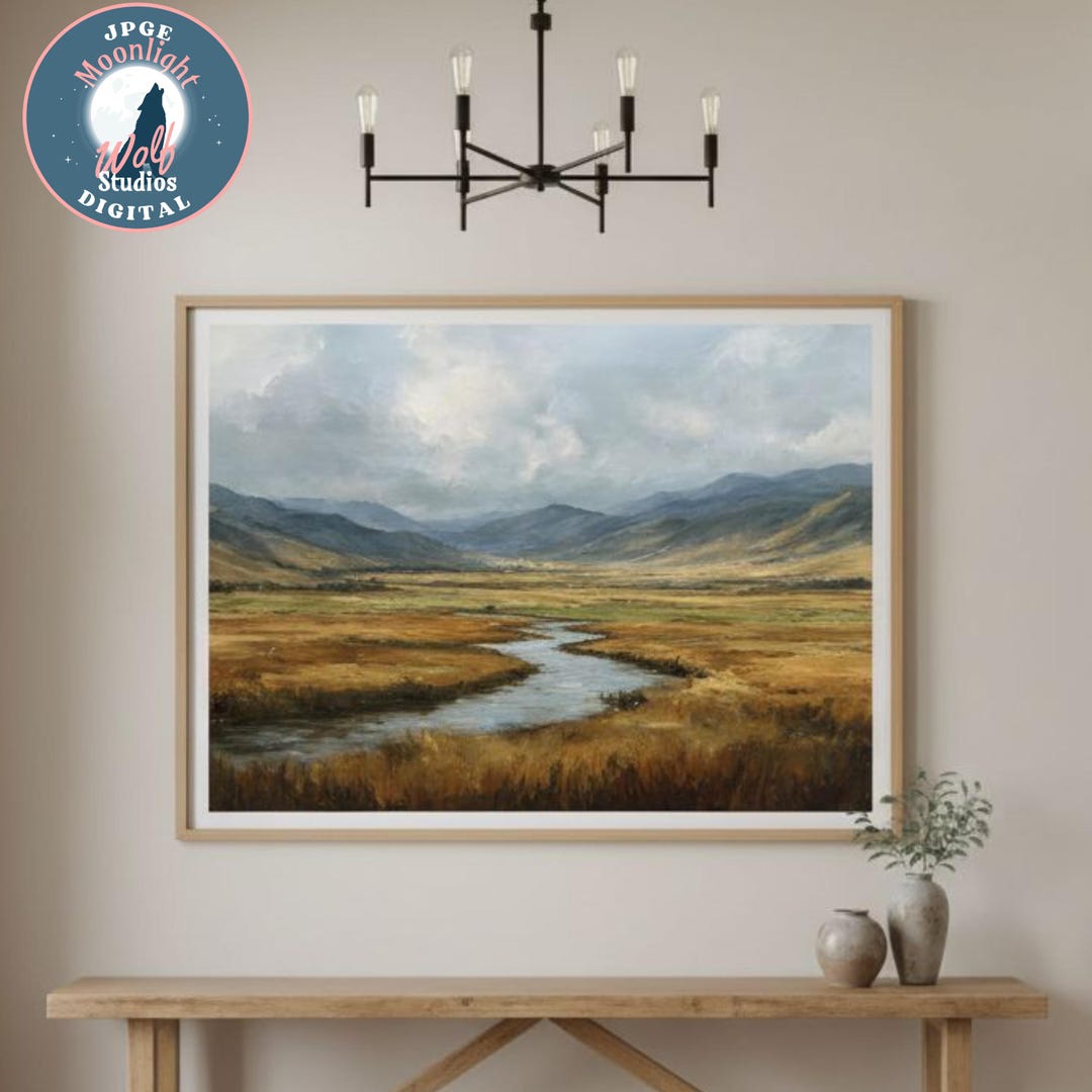 Western Mountain Valley Landscape Art Print: Rustic River Scene ...
