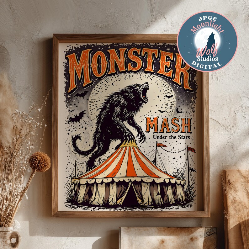 Vintage Monster Mash Halloween Poster: Retro Circus Werewolf (digital ...