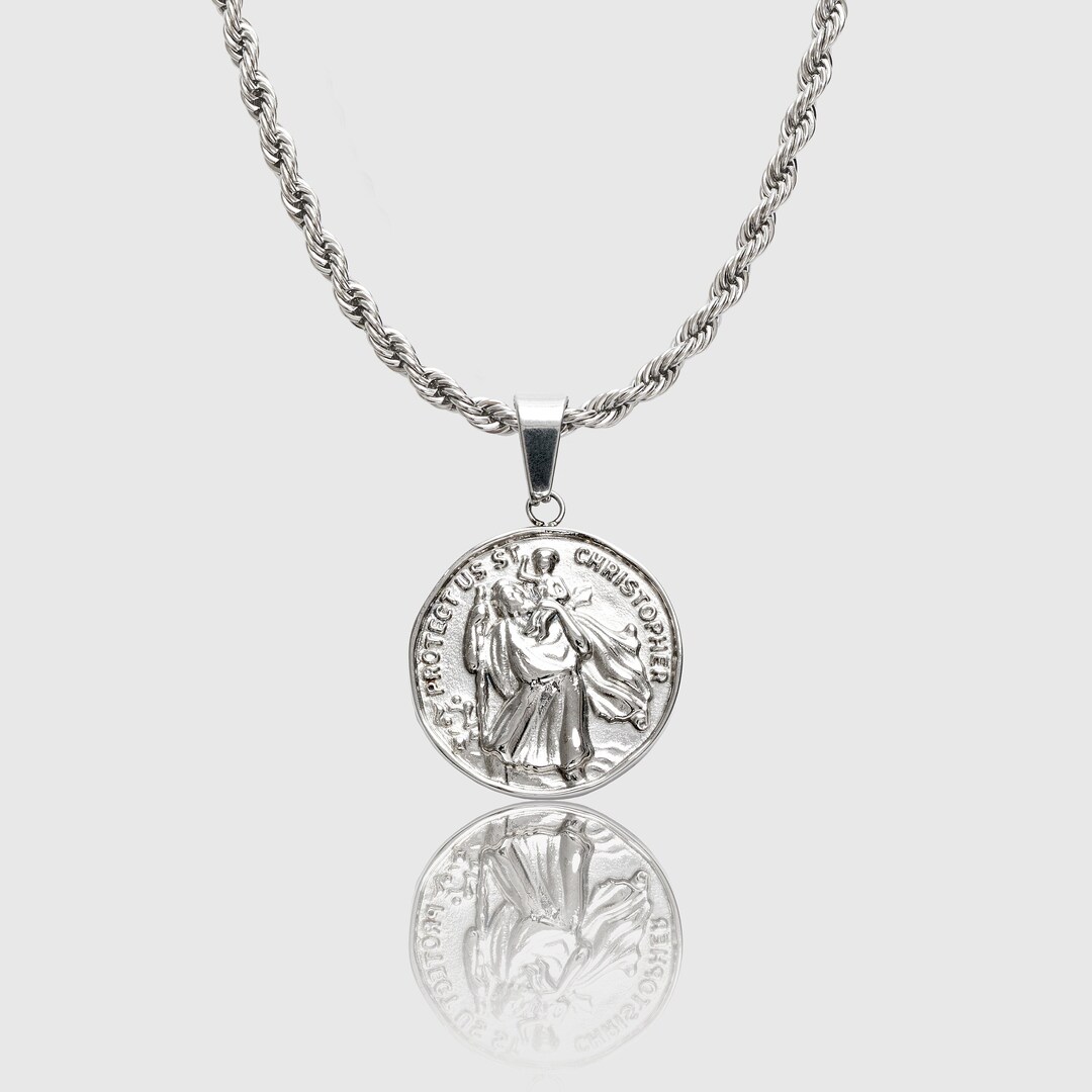 Silver St Christopher Necklace Saint Pendant Rope Chain Stainless Steel ...