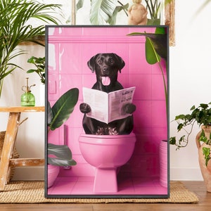 Black Labrador Reading on Toilet Bathroom Print, Funny Dog Print ...