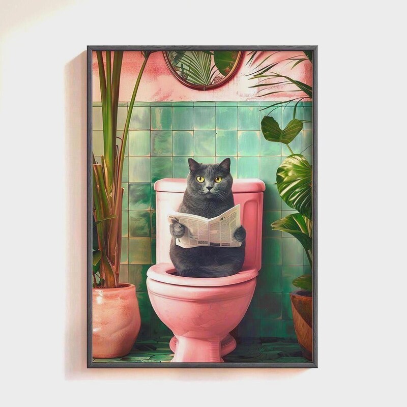 Grey Cat Bathroom Art Pink - Etsy