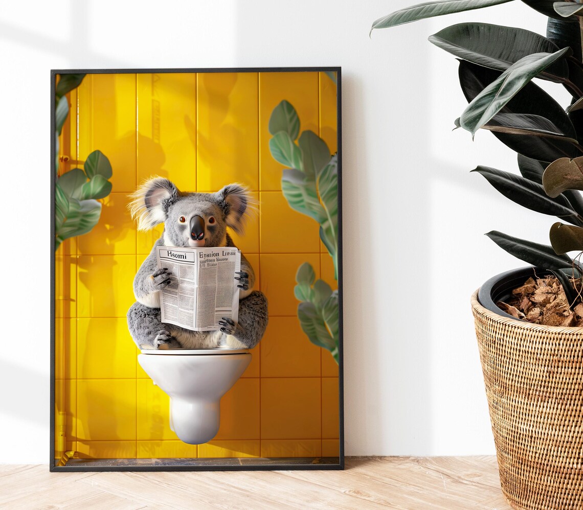 Funny Koala on Toilet Bathroom Print: Tropical Botanical Bathroom Wall ...