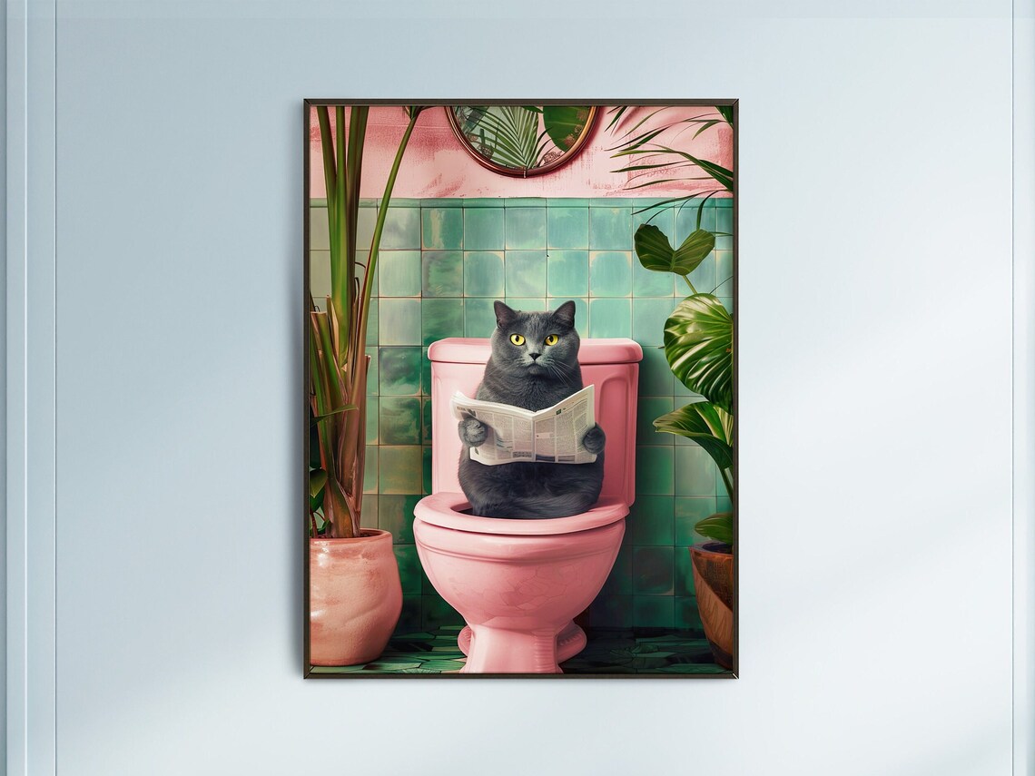 Grey Bathroom Cat Print on Toilet, Funny Bathroom Decor, Toilet Wall ...