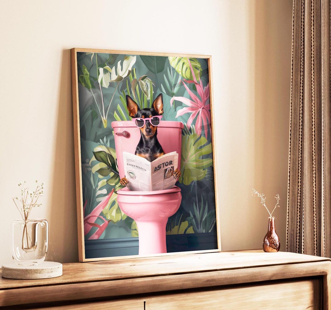 Mini Pinscher Toilet Bathroom Print, Funny Dog Poster, Dog Toilet ...