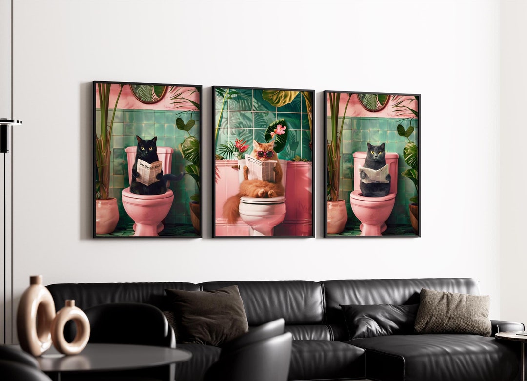 Funny Cats on Toilet Prints Set of 3, Funny Posters, Bathroom Cat Print ...