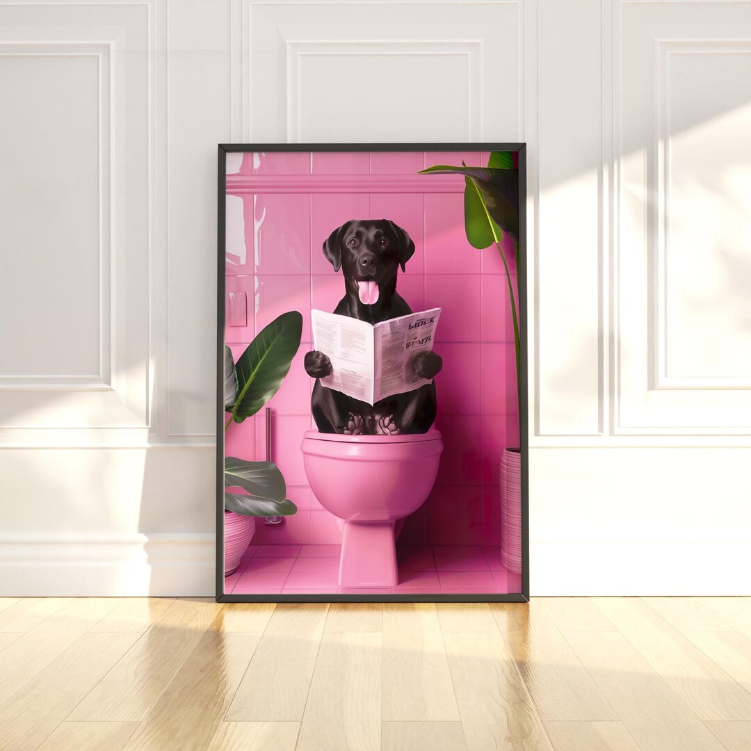 Black Labrador Reading on Toilet Bathroom Print, Funny Dog Print ...