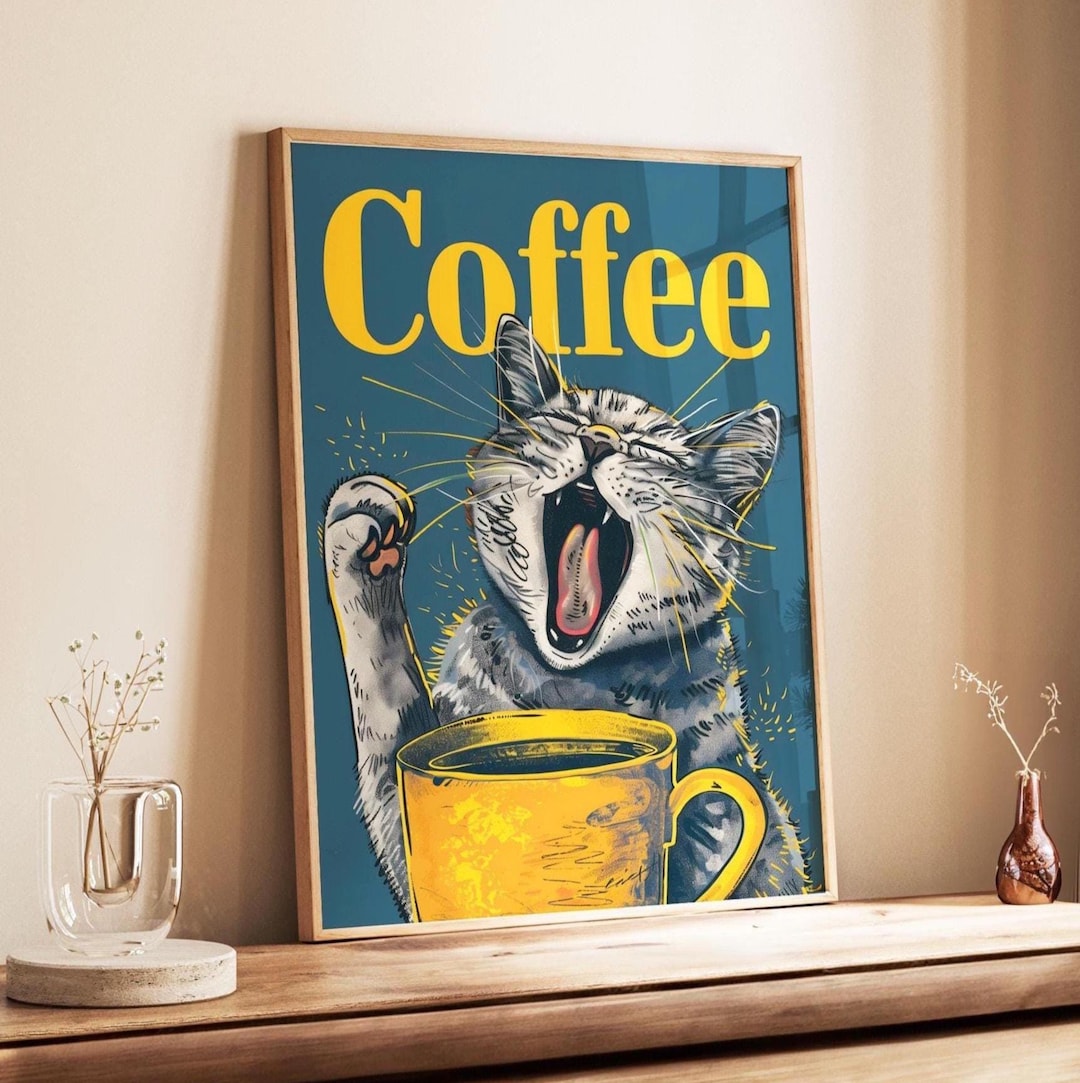Coffee Cat Print, Retro Drink Poster, Cat Coffee Poster, Coffee Wall ...