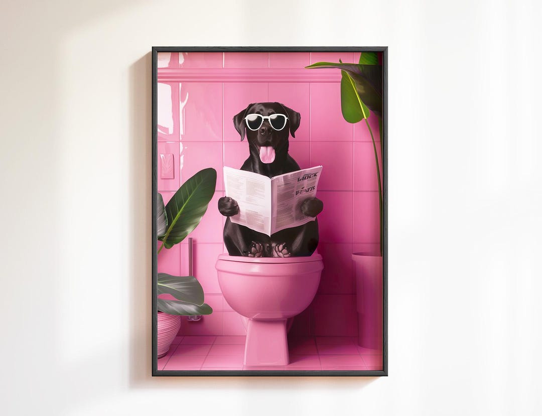 Funny Black Labrador Toilet Bathroom Print: Pink Toilet Bathroom Wall ...