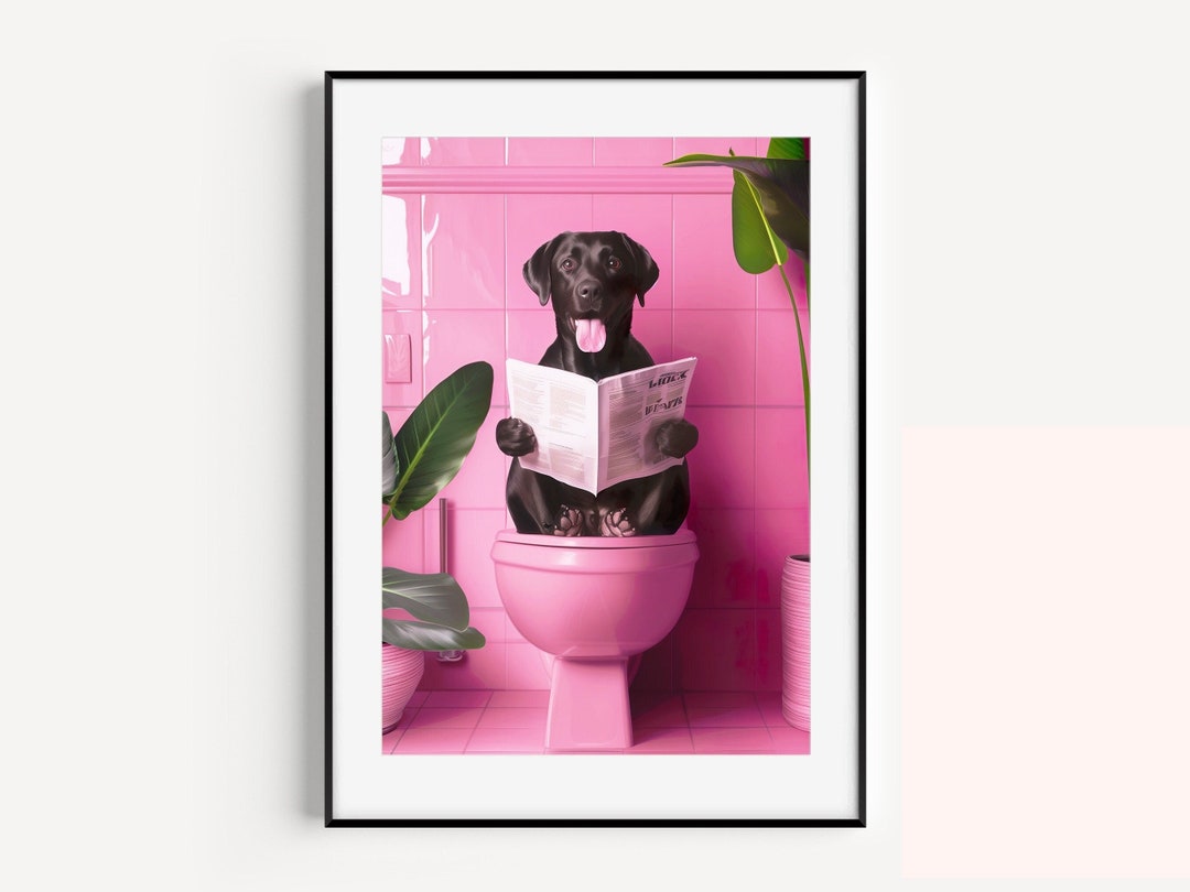 Black Labrador Reading on Toilet Bathroom Print, Funny Dog Print ...