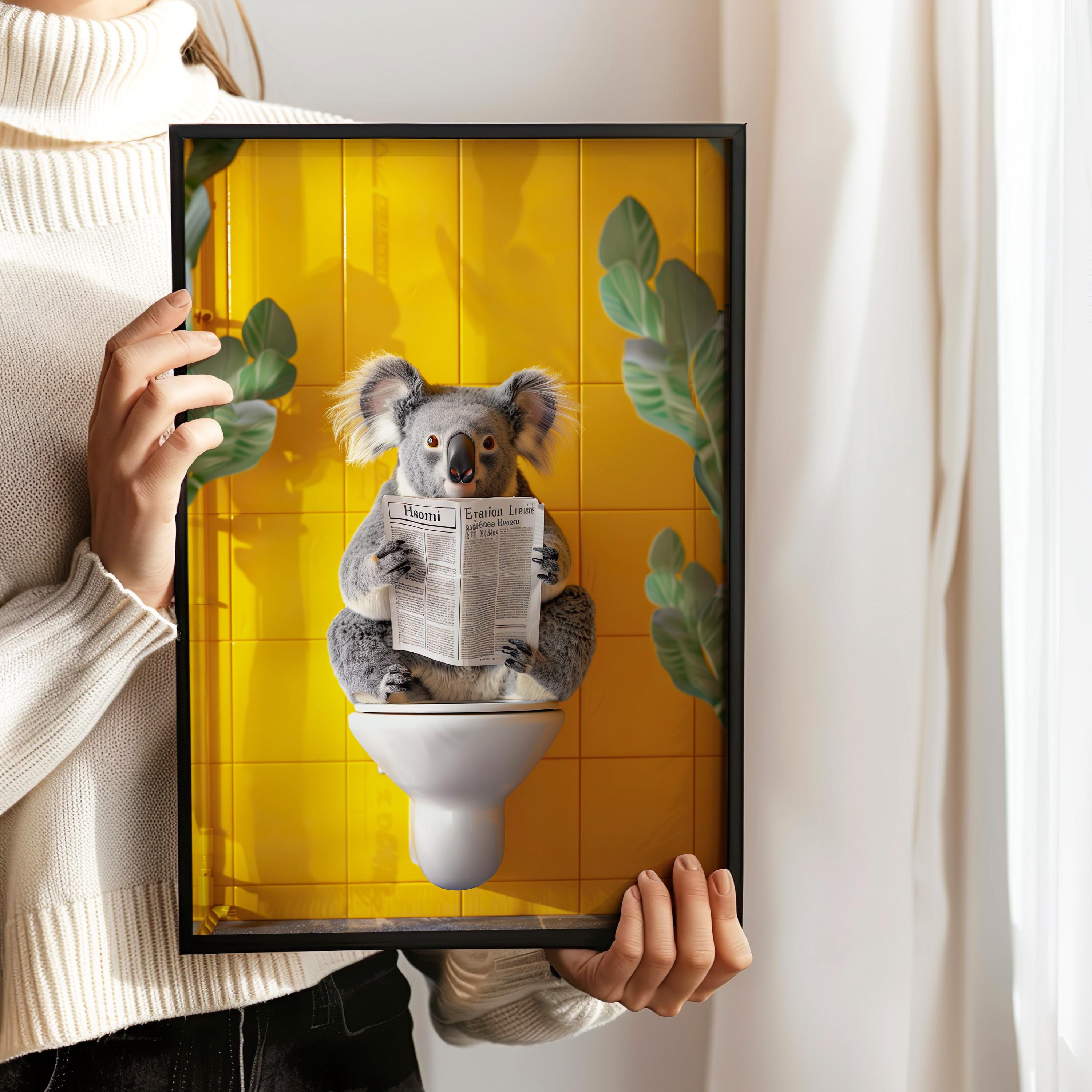 Funny Koala on Toilet Bathroom Print: Tropical Botanical Bathroom Wall ...