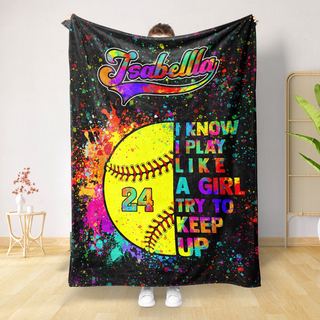 Personalized Softball Blanket - Custom Name, Number Watercolor Softball ...